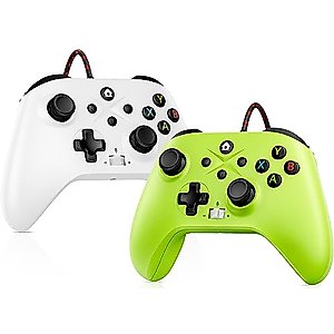 2 Pack Wired Controller Compatible with Xbox One S/X, Xbox Series X/S Windows 10/11 PC Gaming Controller with Audio Jack & Volume Button/Turbo/Macro/Motion Control & Dual Shock (White+Green)