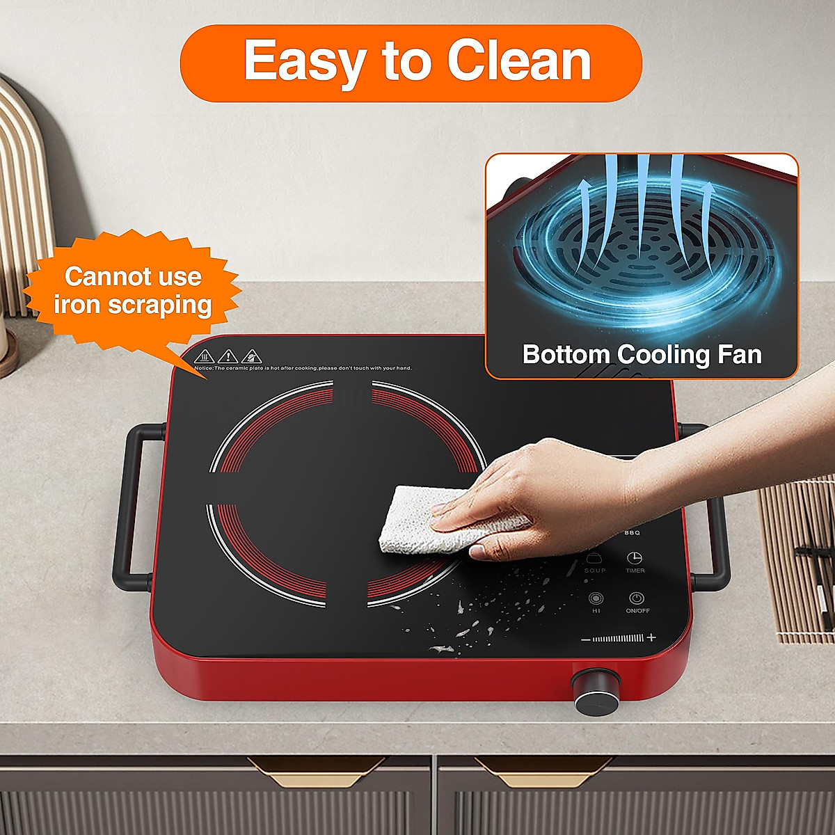 VBGK Electric Cooktop, 1800W Single Cooktops with 2 Handle, Electric Hot Plate for Cooking, Electric Stove top with 9 Power Level, 4H Timer Touch and Knob Control,Portable Induction Cooktop