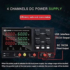 Lwlongwei 4 Channels DC Power Supply Variable, Tripple 60V 5A 2 * 300W Adjustable Switching Regulated DC Bench Power Supply with 4-Digits LED Power Display 5V/2A USB/DC Output Black