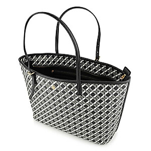 Tory Burch 143364 Geo Logo Black/Grey/White With Gold Hardware Women's Large Top Zip Tote Bag