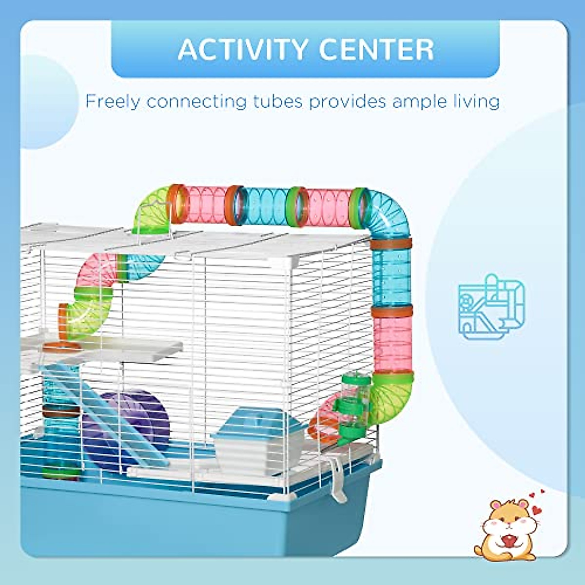 PawHut 3-Tier Large Hamster Cage with Tubes and Tunnels, Portable Carry Handles, Toy-Filled Steel Small Animal House, Includes Exercise Wheel, Water Bottle, Food Dish, 23" x 14" x 18.5", Light Blue