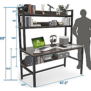 Aquzee Desk with Hutch, (Grey) 65 Inches Height Computer Desk with Space Saving Design, Metal Legs Desk with Bookshelf and Storage Shelves, Easy Assemble