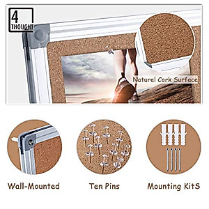 4 THOUGHT Cork Bulletin Board Large Big, 48 x 36 Inches Framed Push Pin Corkboard for Wall, Notice Memo Board with Silver Aluminium Frame for Display and Organize, 4 x 3 Feet, 10 Push Pins Included
