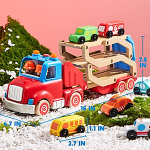 JOYIN Wooden Carrier Truck for Boys - 9 in 1 Foldable Track Carrier Truck Set, 1 Transport Toy Truck with 6 Wooden Cars, 2 Action Figures, 3 Layer Transformable Carriage Set, Toy Cars for Toddlers