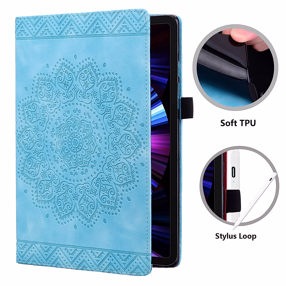 Rosbtib Case Compatible with Samsung Galaxy Tab S9/S8/S7 Cover, Premium PU Leather Folio Cover with Mandala Embossed Design for Galaxy Tab S9/S8/S7 - Blue