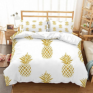 MOUMOUHOME 3D Dazzling Gold Pineapples Bedspread Cover Full Size White Duvet Cover Bedding Set for Kids Teens Adults Yellow Brown Abstract Tropical Fruits Comforter Cover Pineapple 3 Pieces
