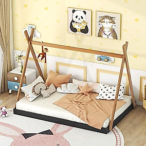 DEYOBED Full Size Tent Triangle Structure, Solid Wood Floor Bed Frame for Kids Boys Girls, No Box Spring Needed, Black+Brown