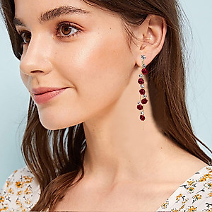 Just Follow 3D Rose Flower Crystal Long Tassel Drop Earrings for Women CZ Rhinestone Rose Fashion Purple Red Long Tassel Dangle Earrings Weddings Party Jewelry Accessories Gift (3D Rose Flower Crystal Tassel Earrings-Red)