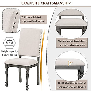 Merax 6-Piece Wood Rectangular Table Set with Turned Legs, 4 Upholstered Chairs and Bench for Dining Room, Grey+Beige_6pcs