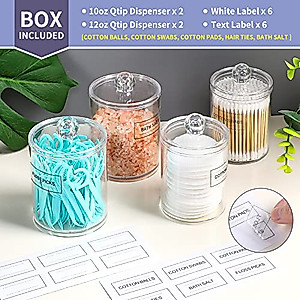 4 Pack Qtip Holder Dispenser - 10oz, 12oz Clear Plastic Apothecary Jars Set - Restroom Bathroom Makeup Organizers Containers for Floss, Cotton Ball, Cotton Swab, Cotton Round Pads, Hair Ties, Bath Salt
