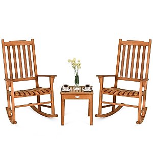 Tangkula 3 Piece Patio Rocking Bistro Set, Patiojoy Eucalyptus Wood Conversation Set with 2 Rockers and 1 Coffee Table, Outdoor Rocking Chair Set with Coffee Table for Porch, Patio and Backyard