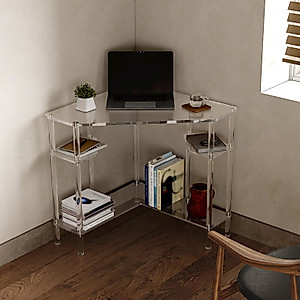 Eglaf Acrylic Triangle Corner Desk - Computer Desk with Storage for Small Space, 90-Degrees, 28.5 x 28.5 inches, Home Office Desk Study Desk, for Living Room, Bedroom, Office, Easy Assembly