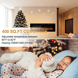 60" Electric Fireplace, Cool to The Touch Fireplace Heater, Recessed and Wall Mounted Fireplaces with Timer Remote Control Adjustable Flame Color, Black