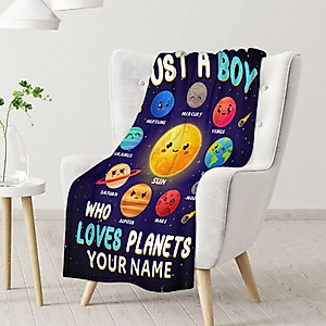 Custom Planet Blanket Gifts with Name - 40x30 Inches Cute Planets Throw Blanket for Kids, Boys & Men - Dark Blue Soft Fuzzy Blankets for Lap, Chair