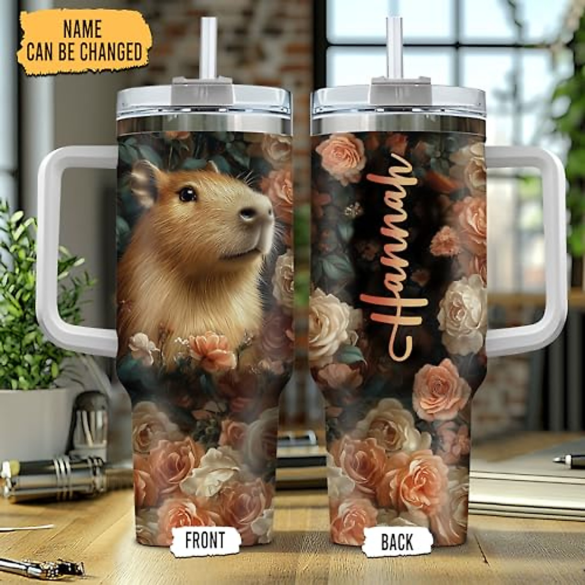 Hyturtle Personalized Capybara Gifts for Women, Floral 40oz Tumbler with Handle and Straw, Best Birthday Christmas Gifts Ideas for Girls, Friends Custom Name Stainless Steel Travel Cup With Lid