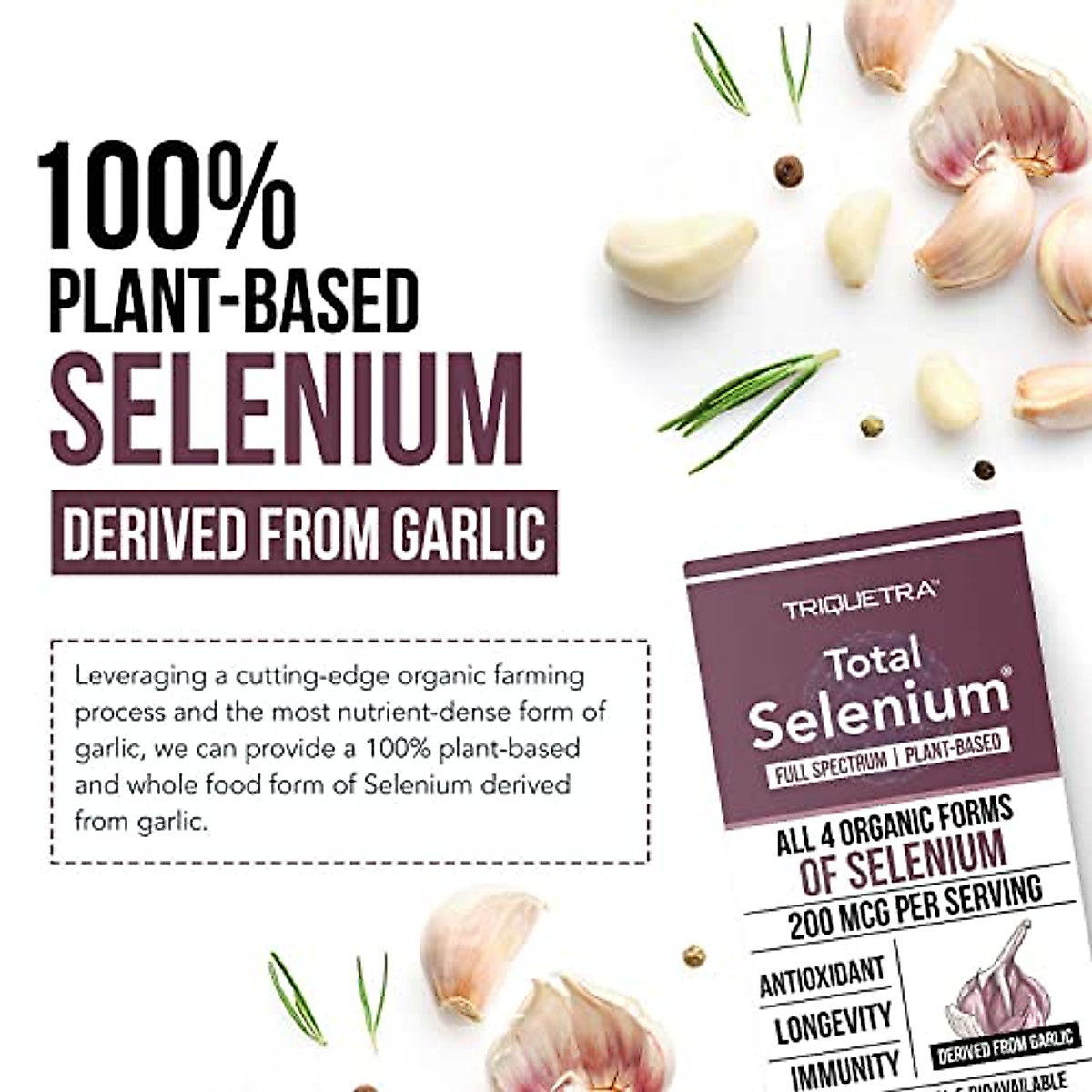 Total Selenium - 200 mcg, Plant-Based Selenium - Full Spectrum, Contains 4 Essential Organic Forms of Selenium Including Selenomethionine - Derived from Garlic - 60 Capsules