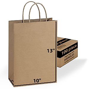Kraft Paper Gift Bags Bulk with Handles. [100 Bags] 10 X 5 X 13 Ideal for Shopping, Packaging, Retail, Party, Craft, Gifts, Wedding, Recycled, Business, Goody and Merchandise Bag (Brown)