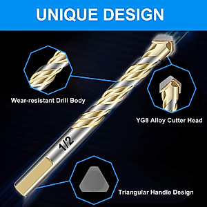 10 Pieces Masonry Drill Bits Set Glass Drilling Bits for Ceramic Tile Wood Porcelain Mirror Plastic Marble Wall with Strength Carbide Tips in Sizes-1/8, 5/32, 3/16, 1/4, 5/16, 3/8, 1/2 Inch, Gold