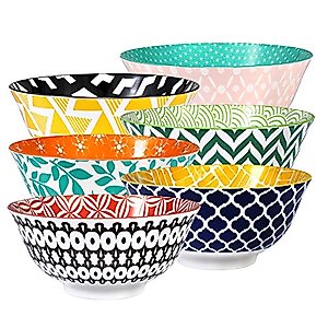 E-Gtong Ceramic Cereal Bowl 24 OZ, Porcelain Bowls Set of 6,Assorted Colorful Ceramic Bowl for Soup, Pasta, Salad and Rice, Microwave & Dishwasher Safe
