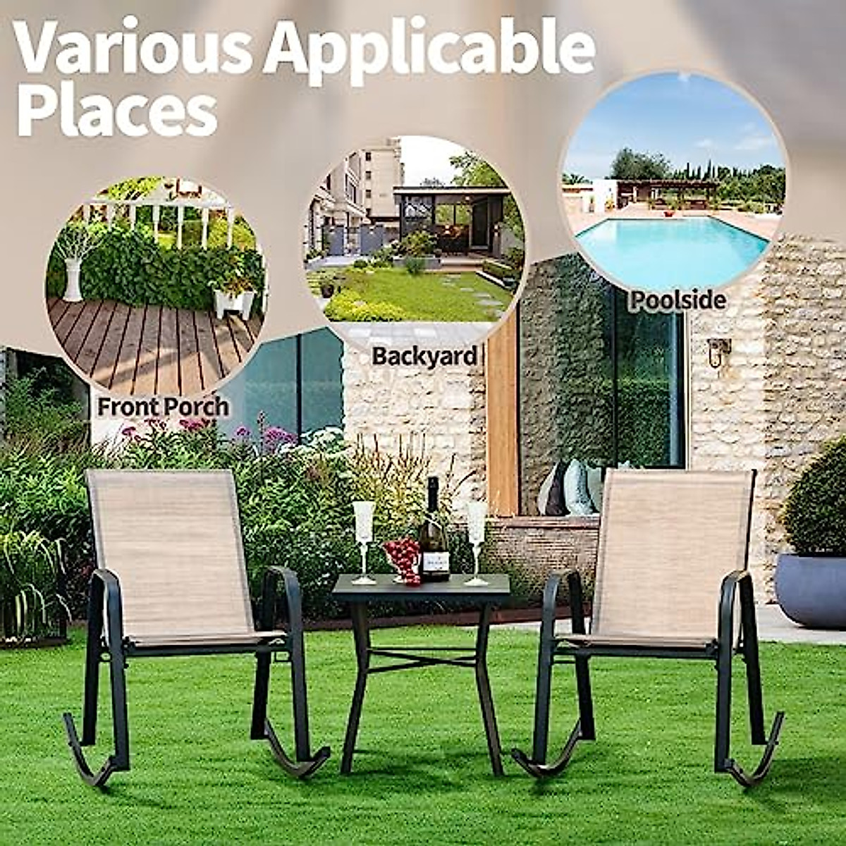 Patio Rocker Chair Rocking Chairs 2 Piece Modern Outdoor Furniture Ergonomic Rockers with Breathable Fabric Seat, Sturdy Metal Patio Furniture for Front Porch, Backyard, Garden(Brown*2)