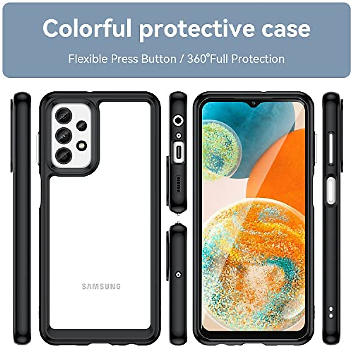 DFTCVBN Phone Case for Galaxy A23 Case, Samsung M23/Galaxy F23 SM-A235M Case with HD Screen Protector, Soft Bumper with Clear Crystal PC Hard Back Shockproof Cover Cases for Samsung Galaxy A23 Black