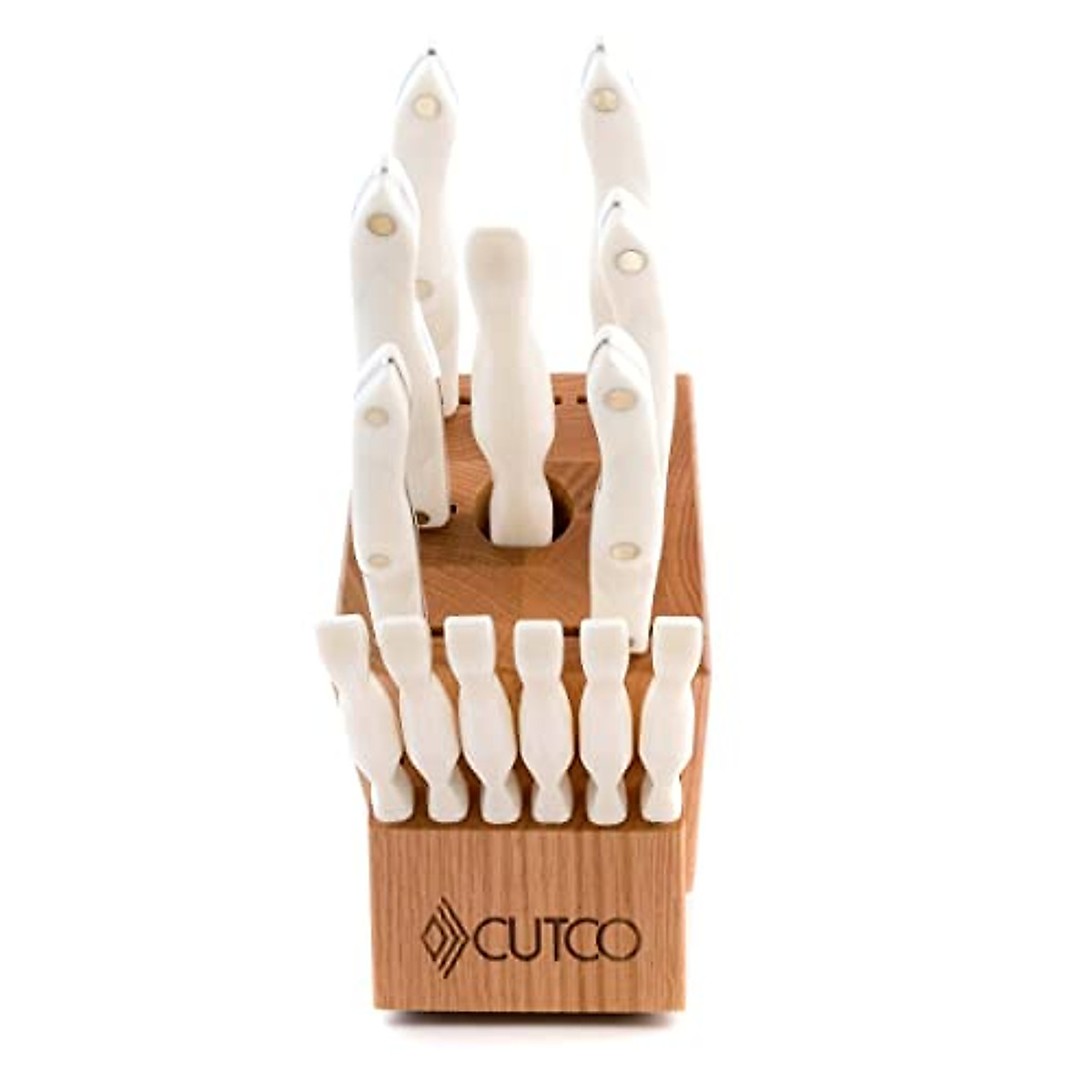 CUTCO Model 2008 Galley +6 Table Knives with White "Pearl" Handles....13 High Carbon Stainless knives & forks in factory-sealed plastic bags........#1744 Honey Oak knife block and #125 10" x 14" Poly Prep cutting board included.