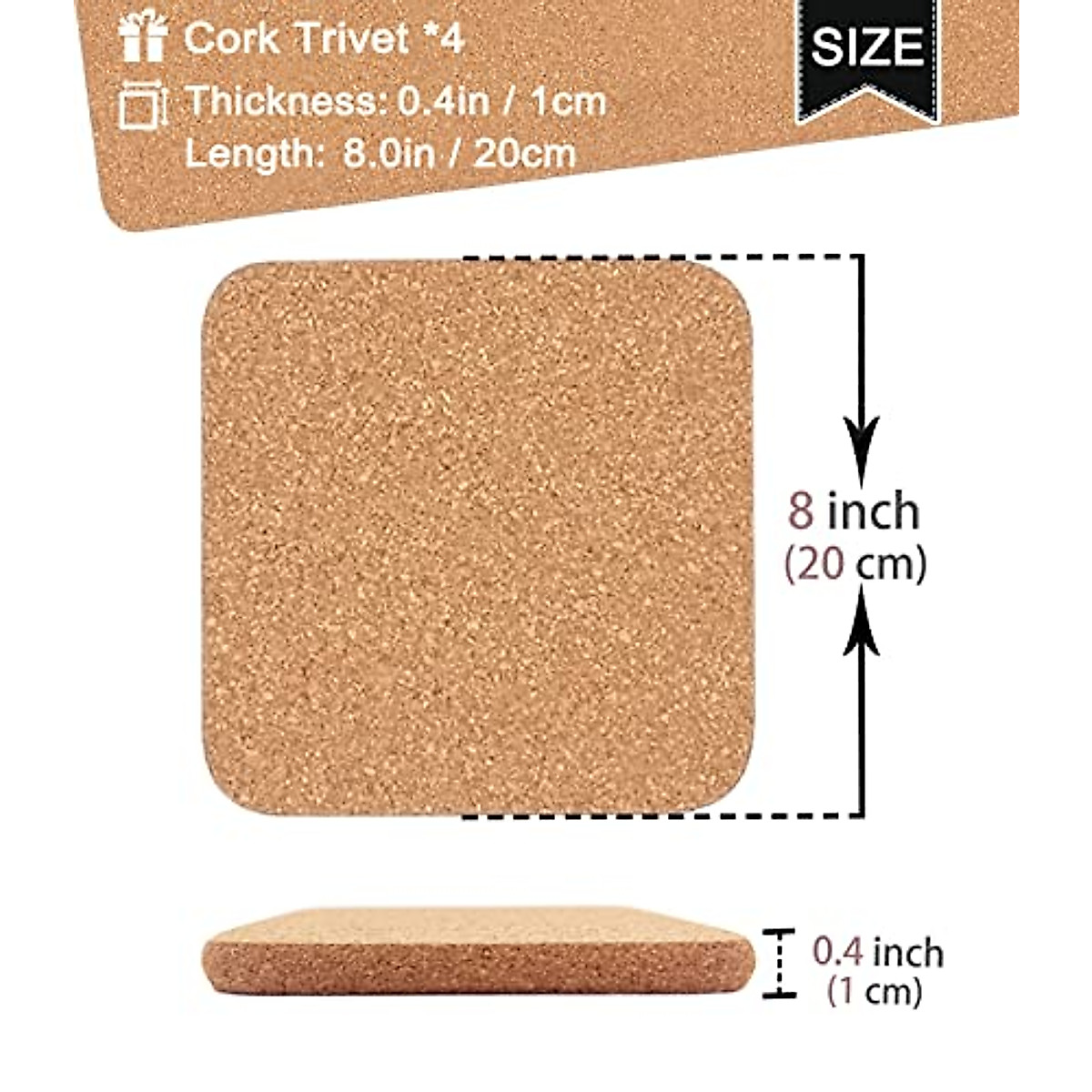 Cork Trivet, 4 Pcs High Density Thick Square Cork Trivets for Hot Dishes, 8 Inch Heat Resistant Multifunctional Cork Coaster, Cork Hot Pads for Table & Countertop