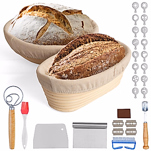 Yebicola Set of 2 Sourdough Banneton Basket, 10 Inch Round & Oval Proofing Baskets for Bread Baking with Bread Lame Dough Scraper Whisk, Sourdough Starter Kit for Home Kitchen Sourdough Bread Making