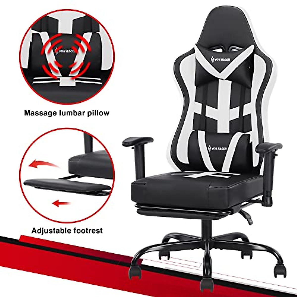 Gaming Chair Massage with Footrest Gamer Chair Ergonomic Gaming Chair for Adults Video Game Chair with Headrest and Massage Lumbar Support Gaming Chair Adjustable Swivel