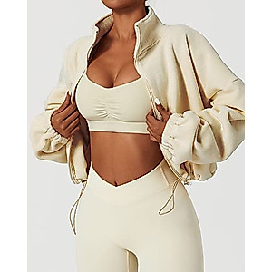 QINSEN Women's Polar Fleece Bomber Jacket Full Zip Stand Collar Short Coat Cozy Winter Warm Outwear Beige S