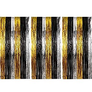 Sumind 3 Pack Metallic Tinsel Curtains, Foil Fringe Shimmer Curtain Door Window Decoration for Birthday Wedding Party (Gold, Silver with Black)