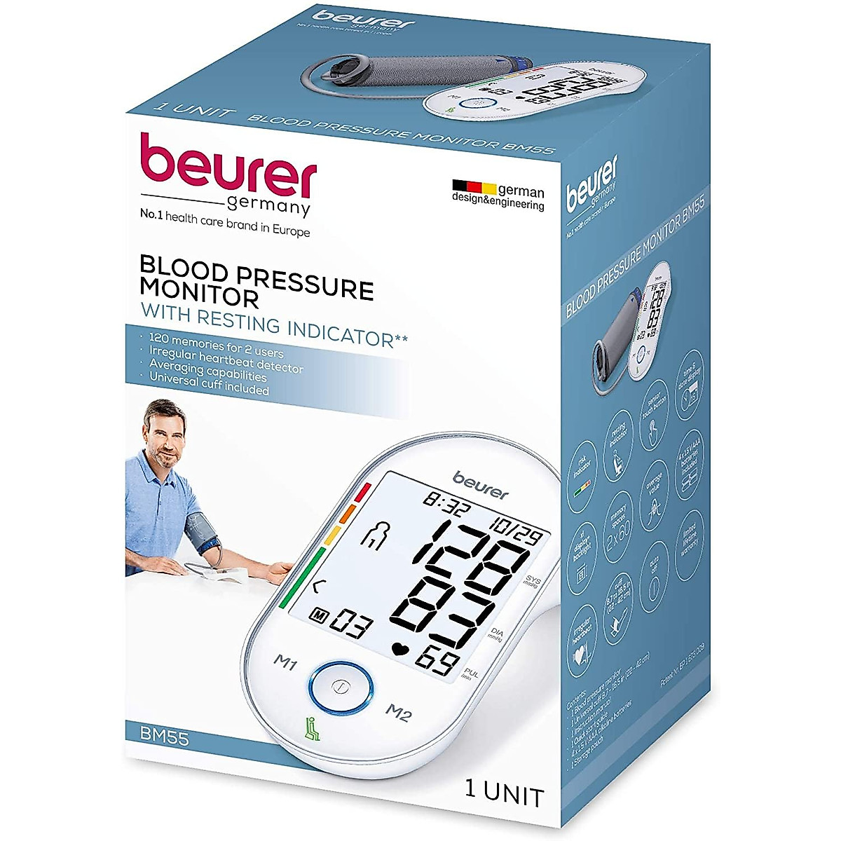 Beurer BM55 Blood Pressure Machine – XL Backlit Display, Arrhythmia Alarm, Portable Storage Kit, 2 Users, Automatic Blood Pressure Cuff, Resting Indicator – Blood Pressure Monitor Batteries Included
