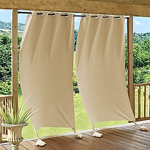 RYB HOME Blackout Curtains Windproof - Weighted Bags Attached, 84 inches Long, Waterproof Thermal Indoor Outdoor for Pool Shower Bedroom Patio, 2 Pcs, W 52 x L 84, Beige