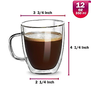 [12 Oz, 2Pack] Large Clear Glass Coffee Mugs Double Wall Insulated Glass Tea Cups with Handle Perfect Latte Cappuccino Heat Resistant , Dishwasher and Microwave Safe, 2 Count (Pack of 1)