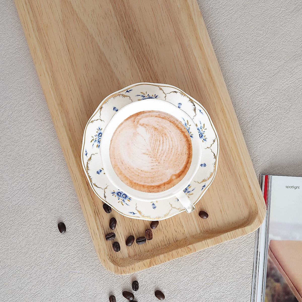 fanquare Blue Tea Cup and Saucer Set for 1, Floral Coffee Cup with Plate Set, English Porcelain Tea Cup, 7.4oz