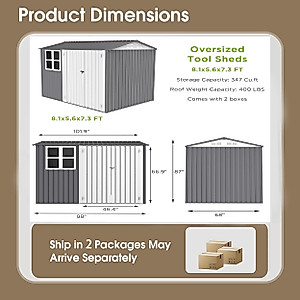 Large Metal Outdoor Storage Shed, 6 x 8 Ft, with Window, Galvanized Steel, Gray, for Backyard Garden Tools