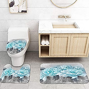 DuoBaorom 4 Pieces Set Teal Blue Flower Shower Curtain Set Elegant Floral Picture Print on Non-Slip Rugs Toilet Lid Cover Bath Mat and Bathroom Curtain with 12 Hooks 72x72inch