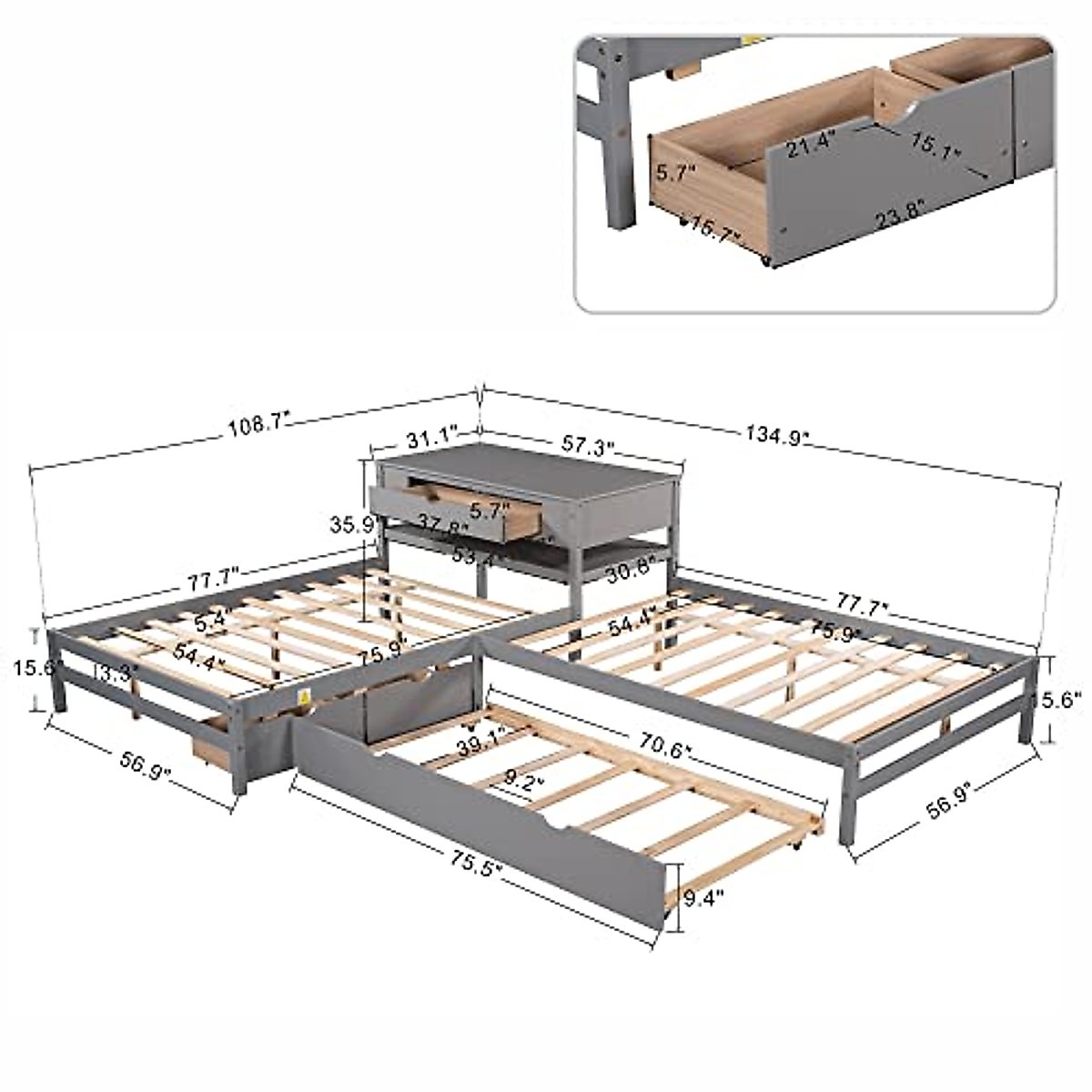 MOEO L-Shaped Full Size Platform Bed with Trundle and Drawers Linked w/ Built-in Desk for Kids, Bedroom, Teens, Adults, No Box Spring Needed, 3 Wood Bedframe in 1, Gray