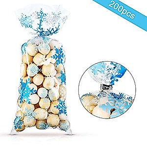 Christmas Cellophane Bags Winter Snowflake Holiday Treat Bags Blue Plastic Candy Goodie Bags with Twist Ties for Winter Xmas Wonderland Birthday Holiday Party Favors (200 Counts)