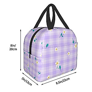 Plumeria Purple Lilac Violet Flower On Purple Plaid Lunch Box Bento Box Insulated Lunch Boxes Reusable Waterproof Lunch Bag With Front Pocket For School Office Picnic