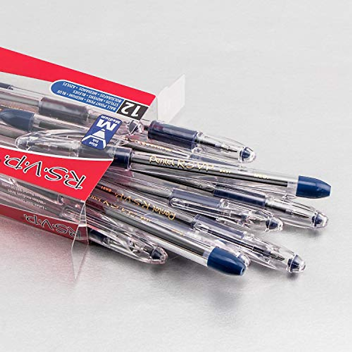 Pentel® R.S.V.P.® Ballpoint Pens, Medium Point, 1.0 mm, Clear Barrel, Blue Ink, Pack Of 12