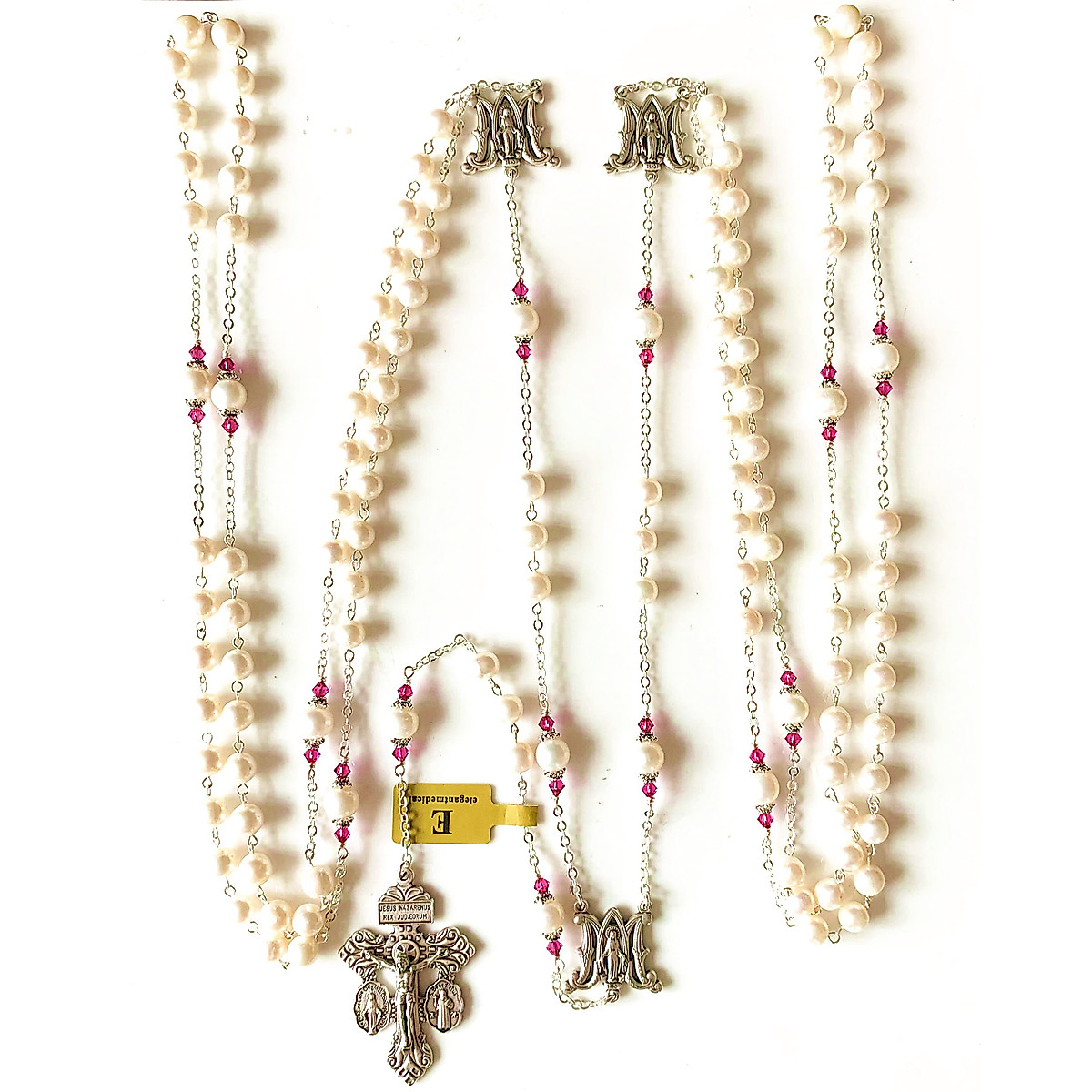 elegantmedical Pearl Cross Necklace lasso STERLING SILVER FATHER BEADS wedding rosary