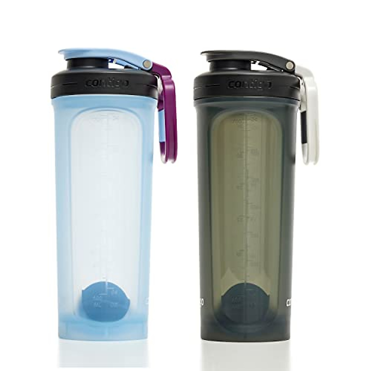 Contigo Fit Shake & Go 2.0 Shaker Bottle with Leak-Proof Lid, 28oz Gym Water Bottle with Whisk and Carabiner Handle, Dishwasher Safe Mixer Bottle, 2-Pack Periwinkle & Sake