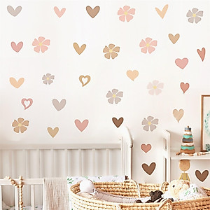 Colorful Flowers Wall Decals Boho Wall Stickers Pastel Hearts Wall Art Stickers Girls Bedroom Decor Pink Floral Decals Peel and Stick Heart Vinyl Murals Wallpaper for Kids Baby Room Nursery Decoration