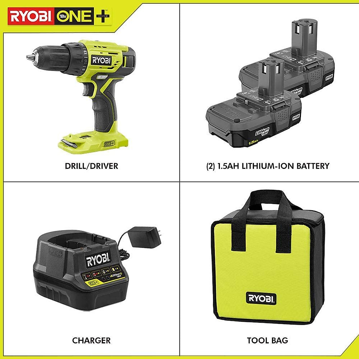 Ryobi P215K1 18-Volt ONE+ Lithium-Ion Cordless 1/2 in. Drill/Driver Kit with (2) 1.5 Ah Batteries, Charger, and Bag