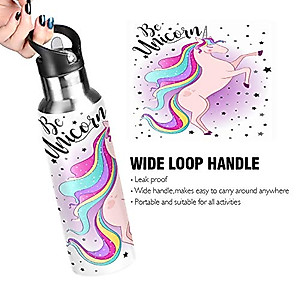 OREZI Cute Unicorn Magical Rainbow Star Pink Water Bottle Thermos with Straw Lid for Boys Girls,600 ml,Leakproof Stainless-Steel Sports Bottle for Women Men Teenage