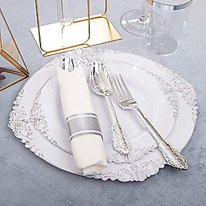 Liacere 350PCS Silver Plastic Plates & Pre Rolled Napkins for 50 Guests, 100 Silver Disposable Plates, 150 Silver Plastic Silverware, 50Cups and 50Napkins for Wedding & Party