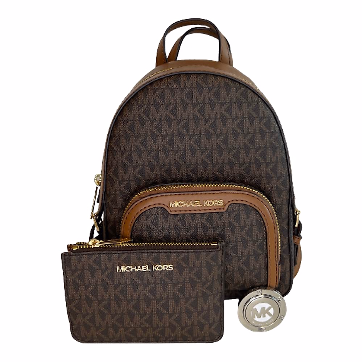 Michael Kors Jaycee XS Convertible Zip Pocket Backpack bundled with SM TZ Coinpouch Wallet Purse Hook (Signature MK Brown)