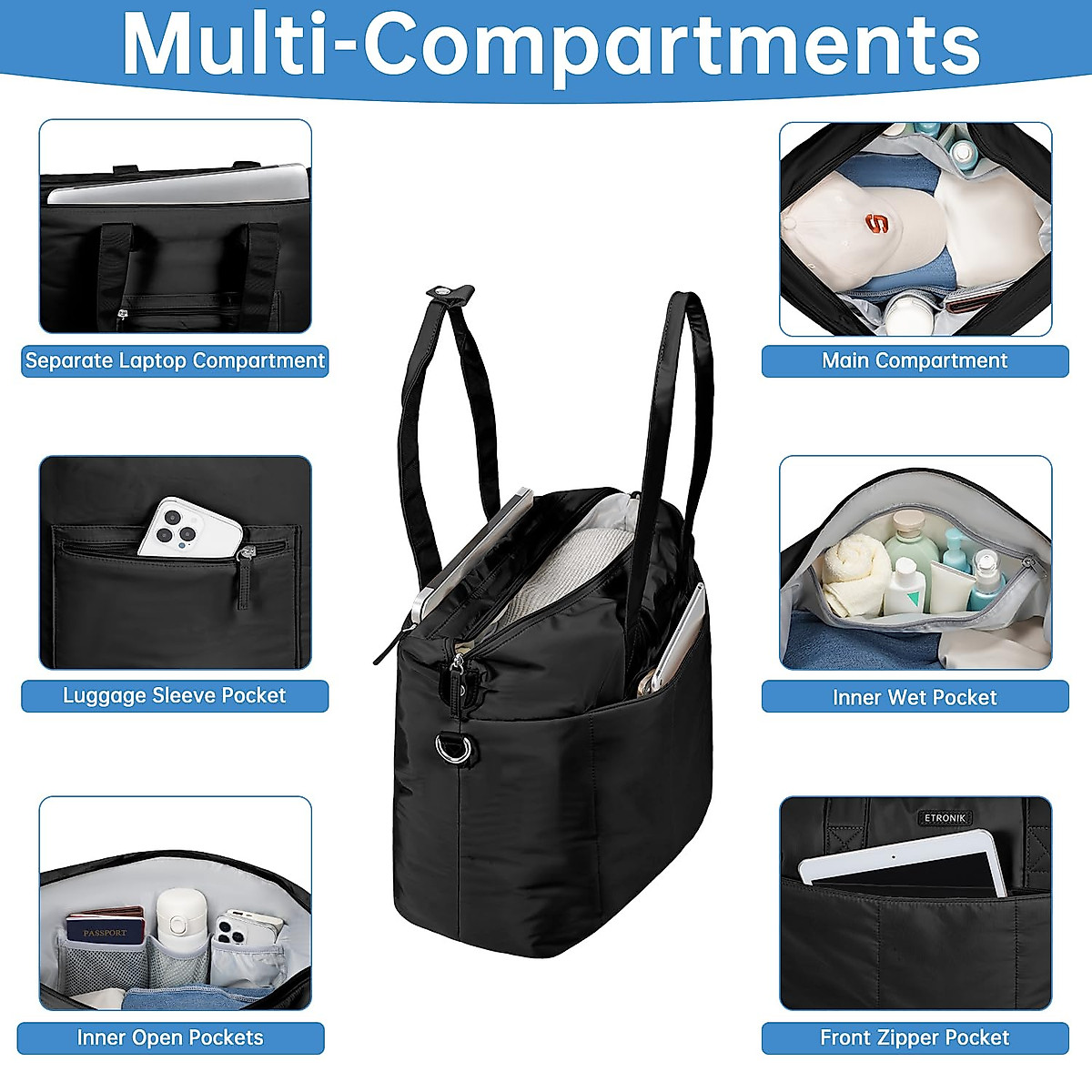 ETRONIK Laptop Tote Bag for Women, Tote Bag for Women with Laptop Compartment, Large Tote Bag Purse with Storage Bag, The Tote Bag Shoulder Bag for Work Gym Overnights Weekend Trips, Black