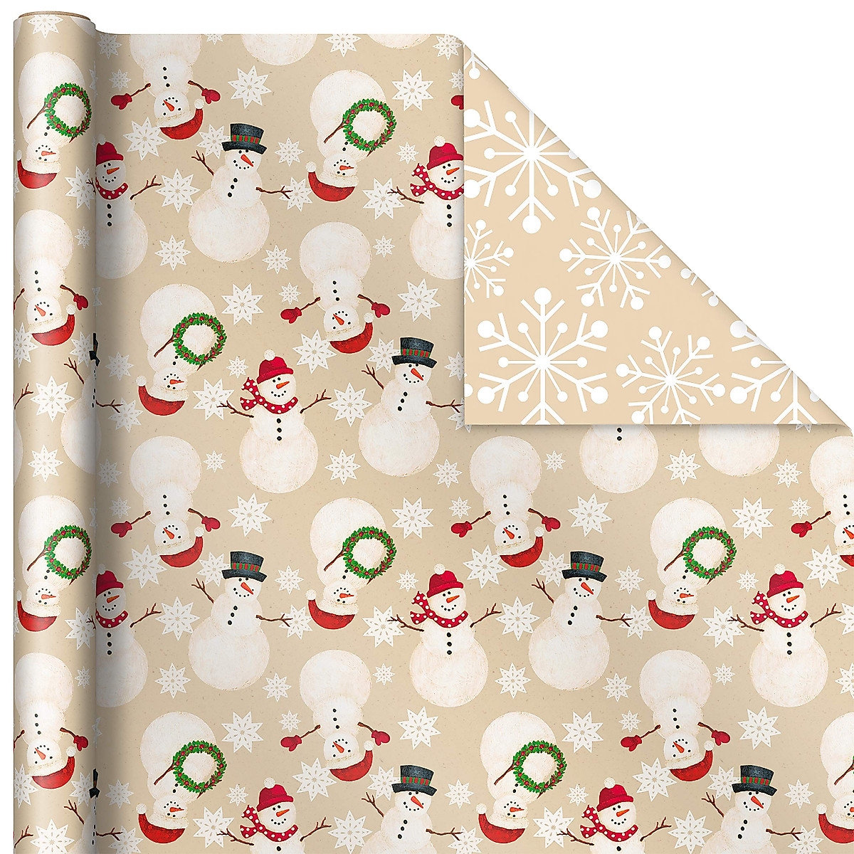 Hallmark Reversible Christmas Wrapping Paper (3 Rolls: 120 sq. ft. ttl) "Merry Holidays," Snowflakes, Snowmen, Red Stripes